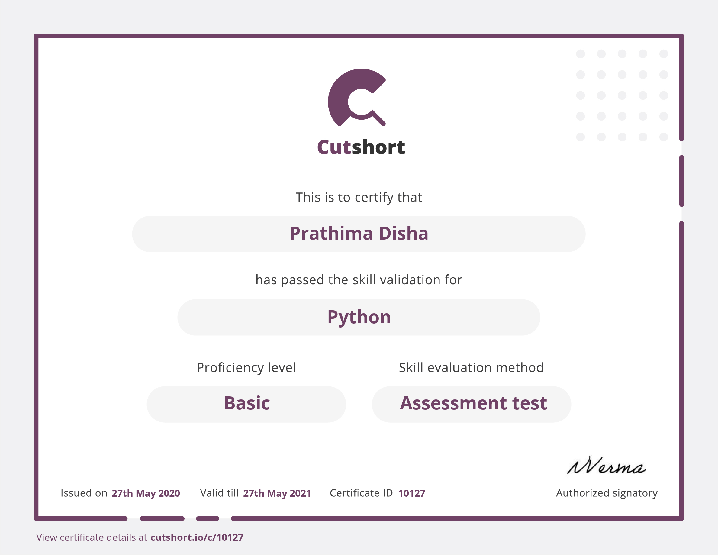 Prathima's skill certificate for Python | Cutshort