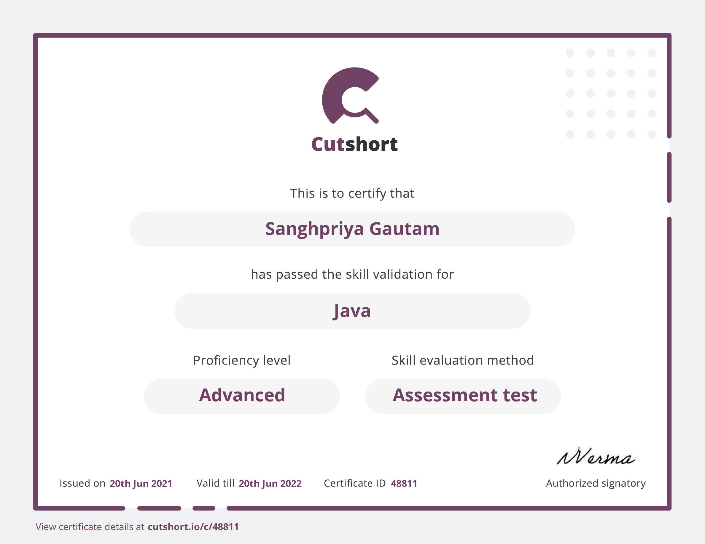 Sanghpriya's skill certificate for Java | Cutshort