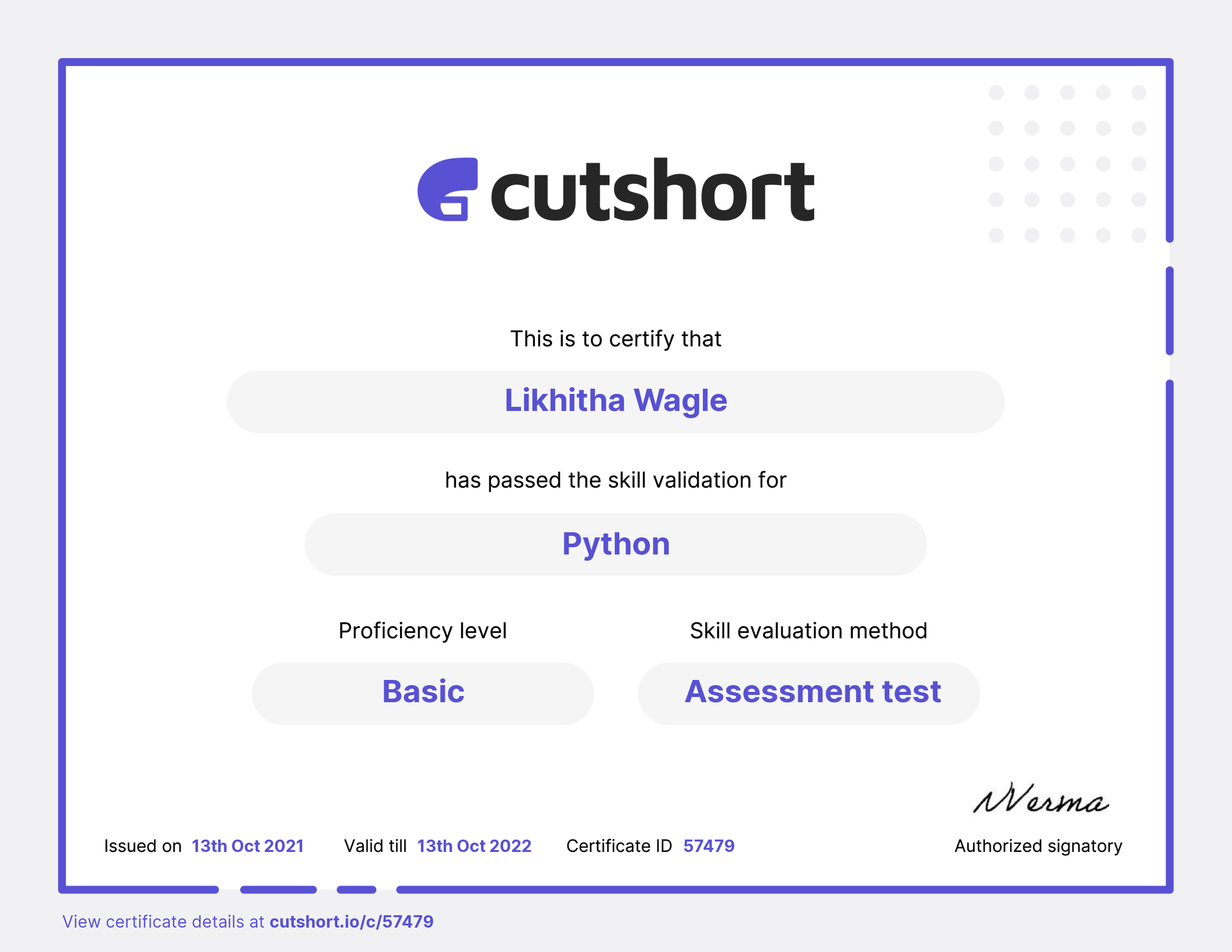 Likhitha's skill certificate for Python | Cutshort
