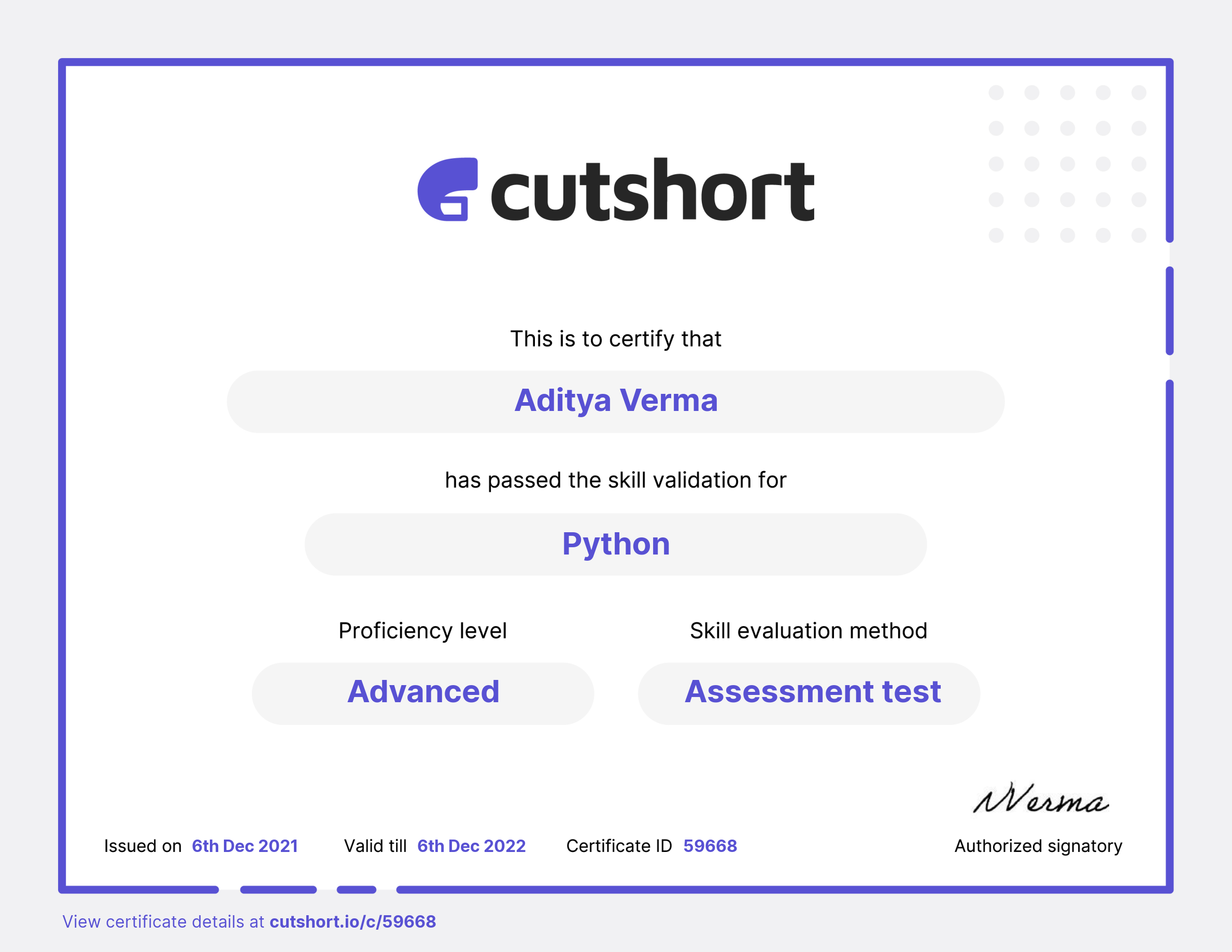 Aditya's skill certificate for Python | Cutshort