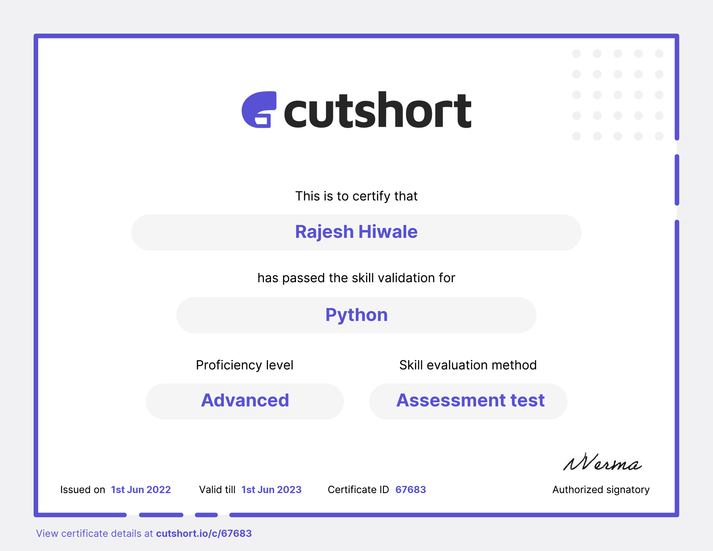 Rajesh's skill certificate for Python | Cutshort