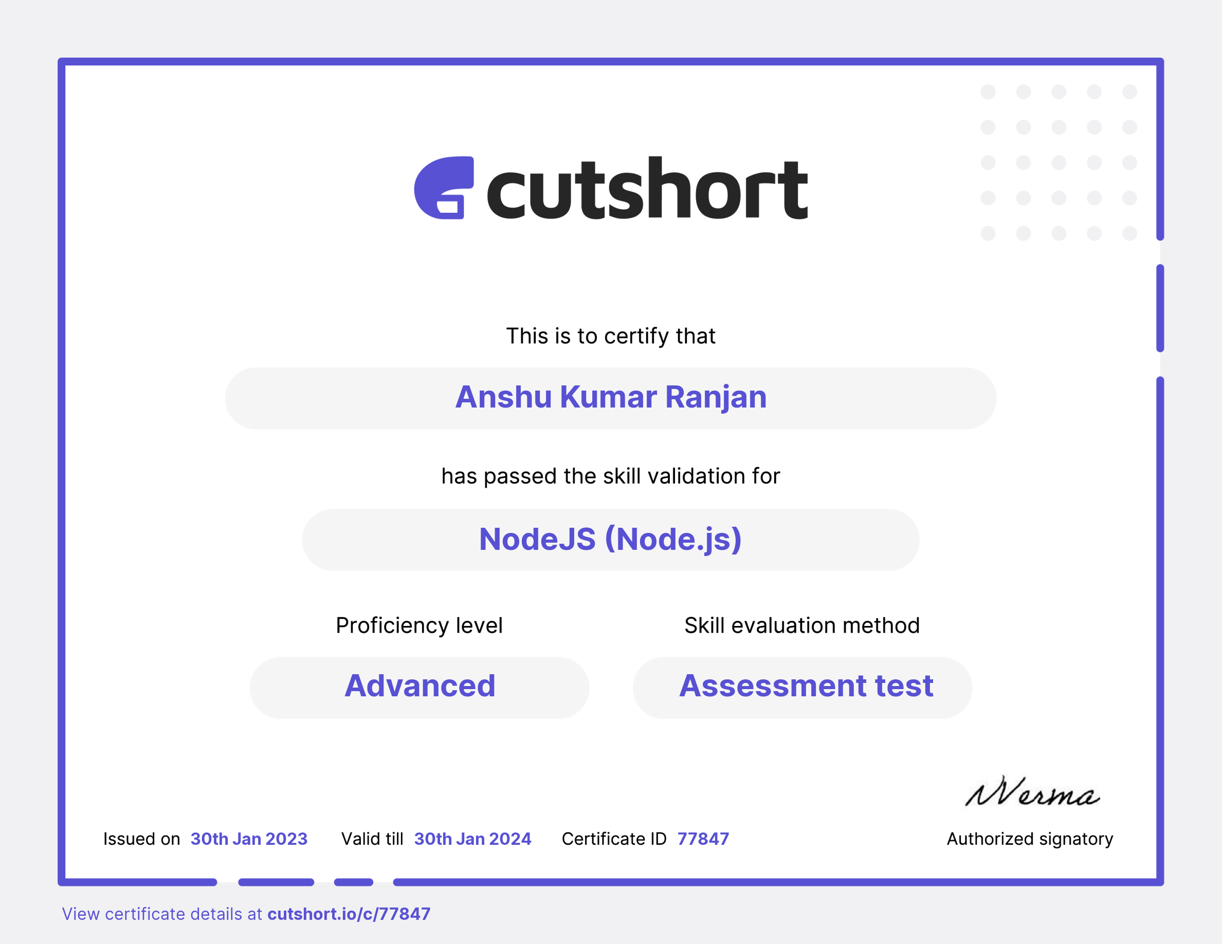 Anshu's skill certificate for NodeJS (Node.js) | Cutshort