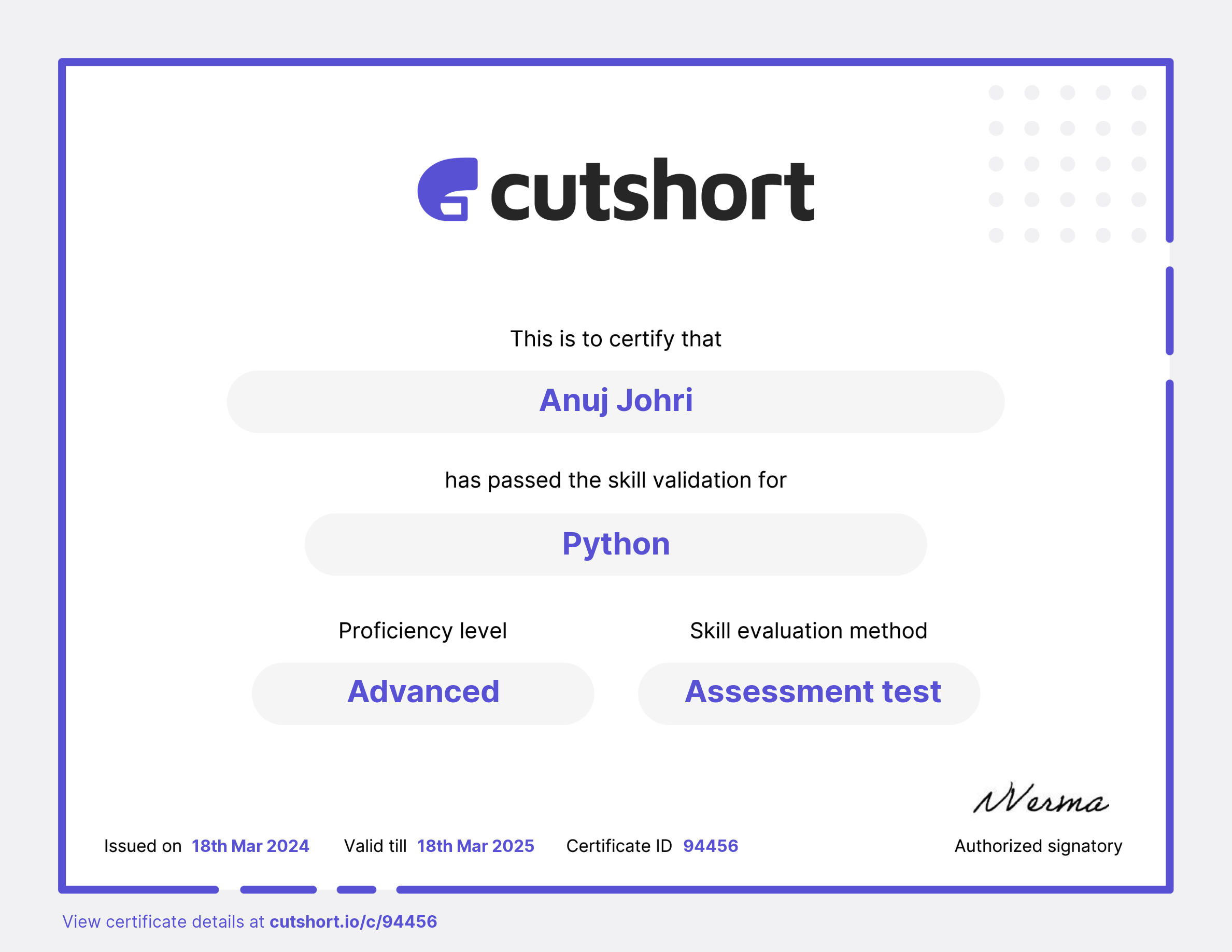 Anujs Skill Certificate For Python Cutshort 3750