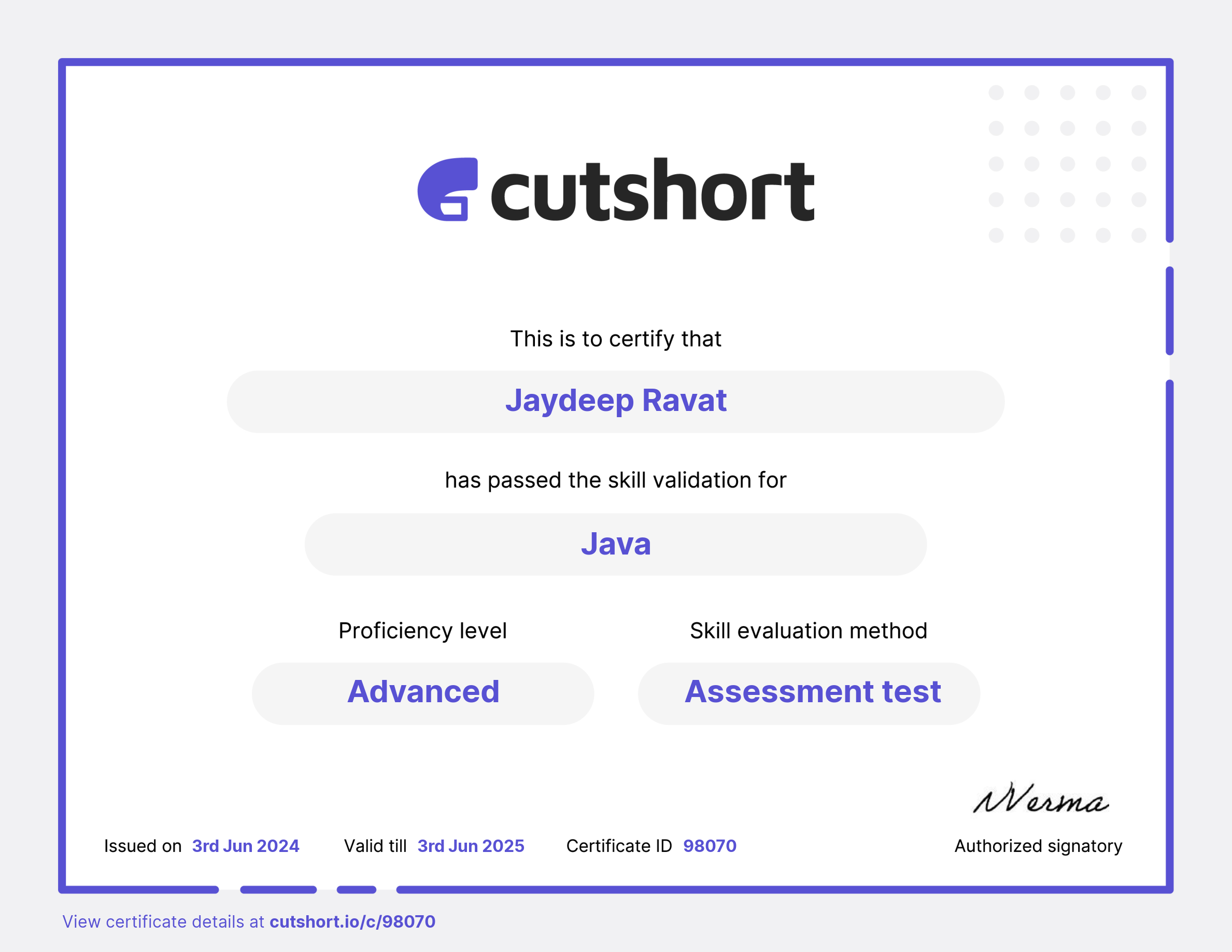 Jaydeep's skill certificate for Java | Cutshort
