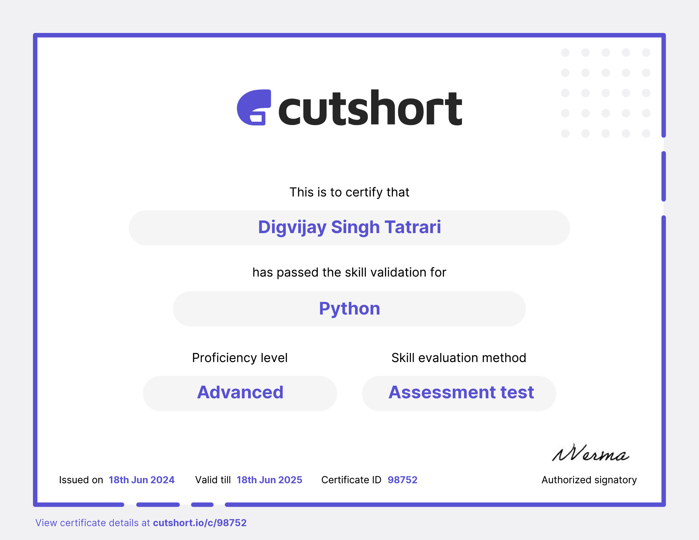 Digvijay's skill certificate for Python | Cutshort
